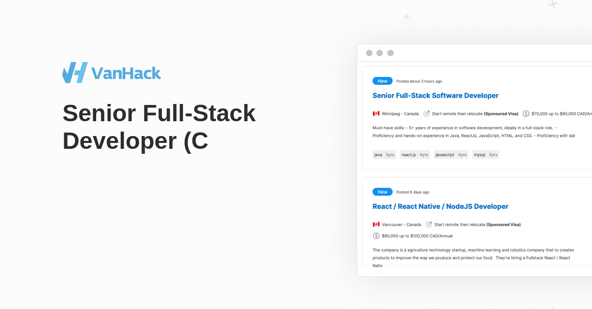 Senior Full Stack Developer C Net Vanhack